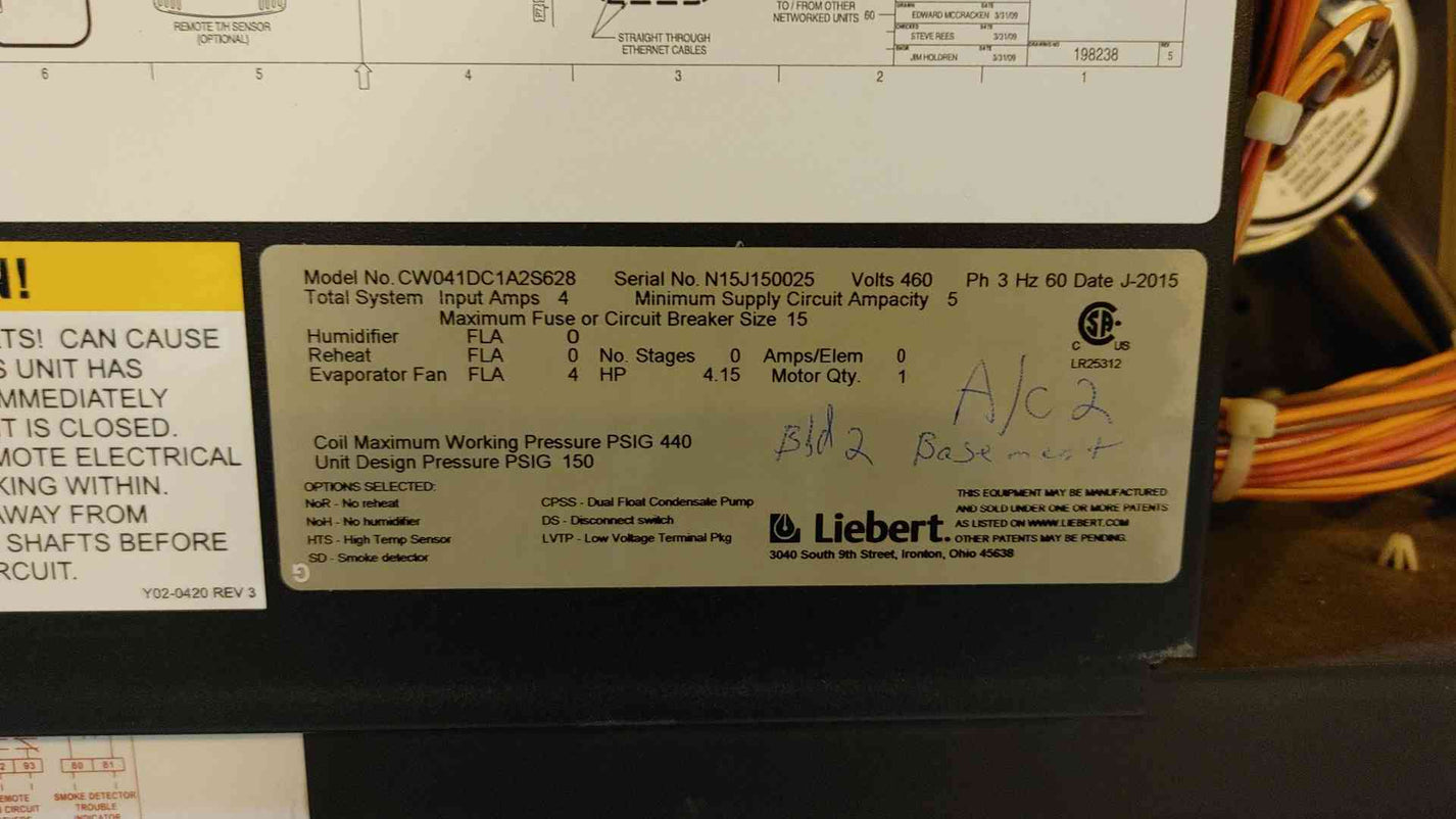 10 Ton Liebert Vertiv CRAC Unit 460V 3PH CW041 AC '15 Chilled Water ...